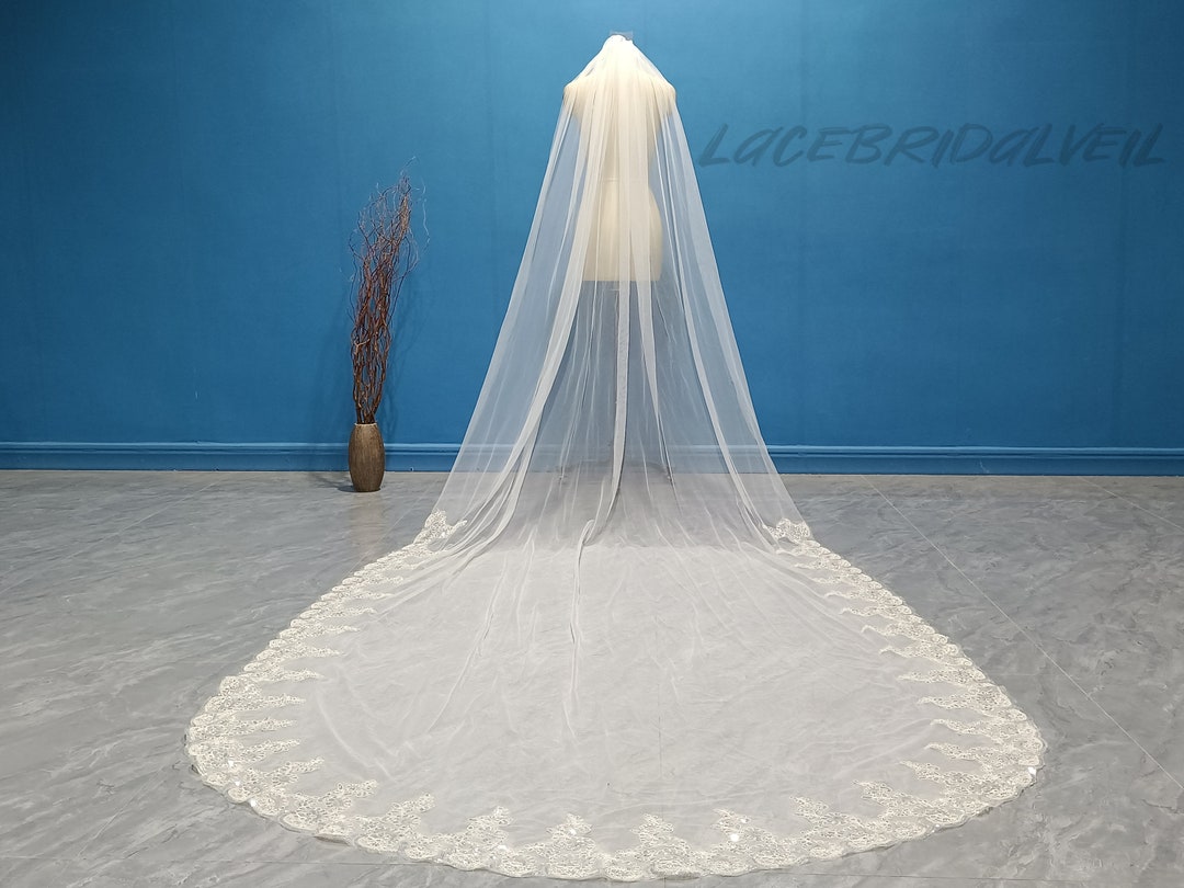 Single Layer Sequin Lace Long Veil Beautiful Cathedral Wedding Sequin ...