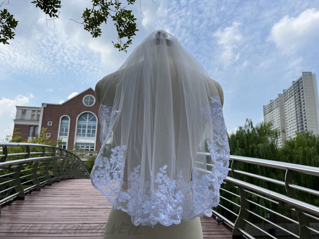 Wedding Veil Single Layer Lace Sequins Bridal Veils White Ivory Short ...
