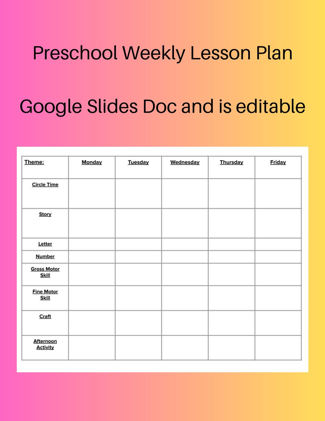 Preschool Weekly Lesson Plan/google Slides/editable/simple Theme - Etsy
