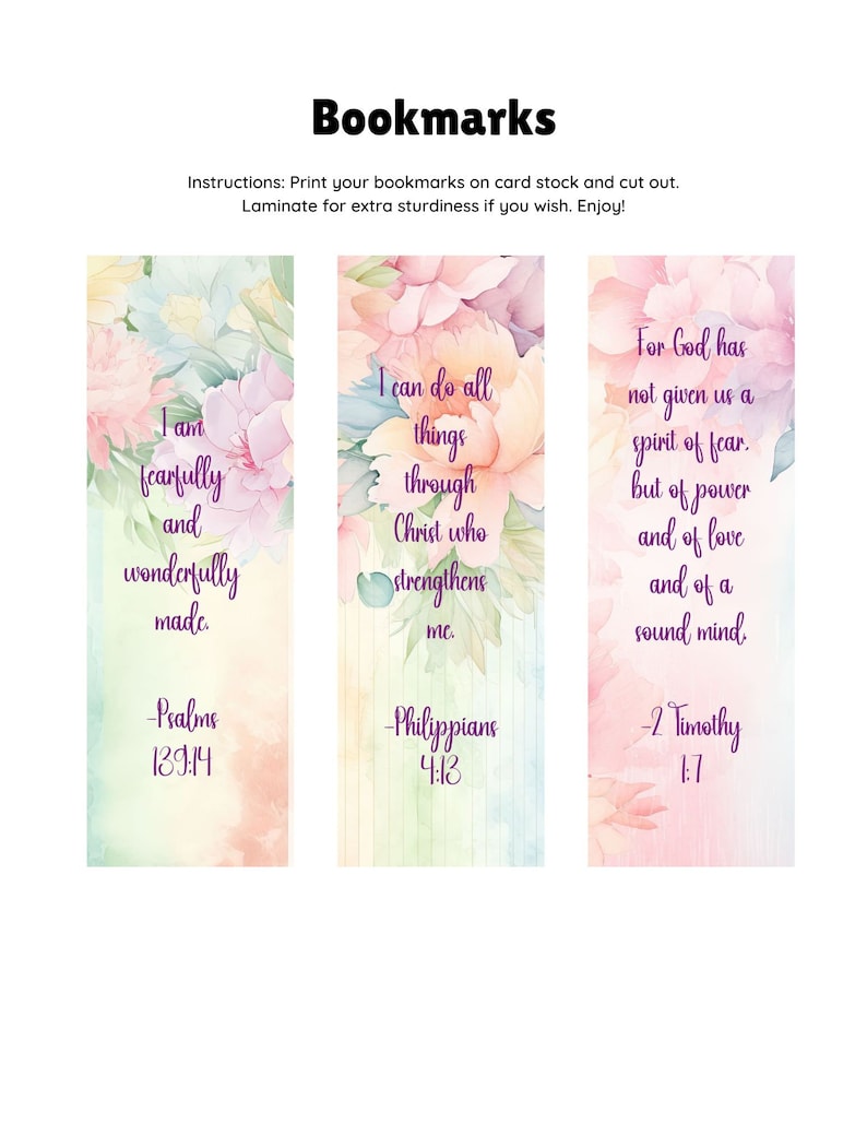 Printable Bible Verse Bookmarks, Anxiety Focused, Sunday School, Floral ...