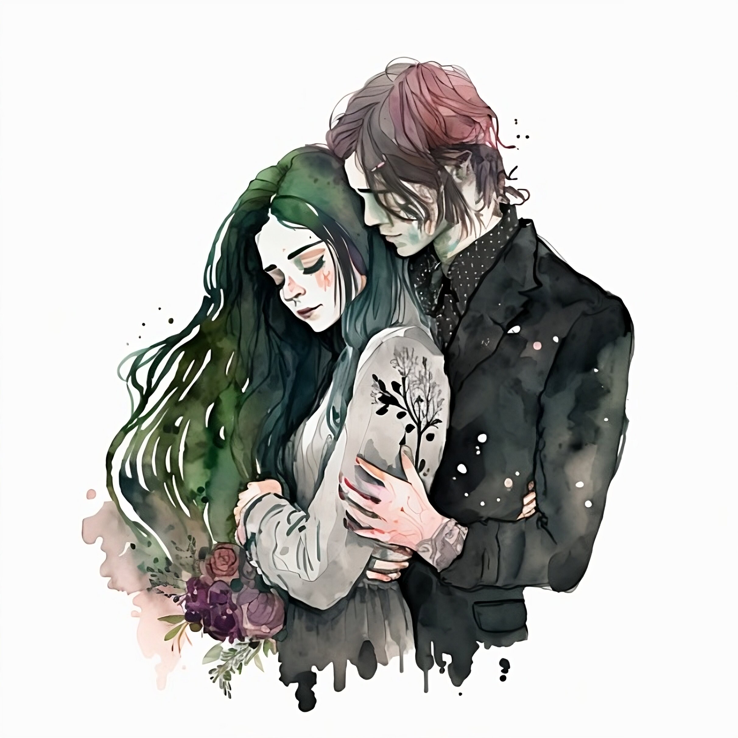 Watercolor Goth Couple Embracing Clipart PNG and SVG Instant Downnload ...