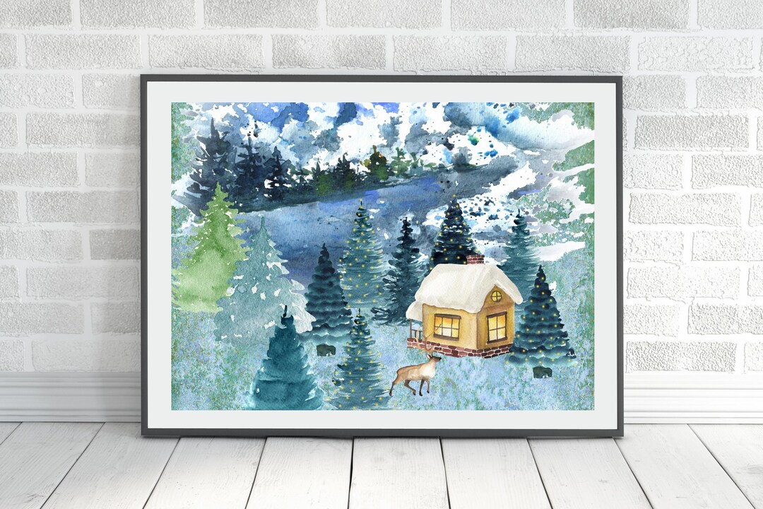 Rustic Woodland Cabin Painting – Winter Deer Scene Wall Art (digital ...