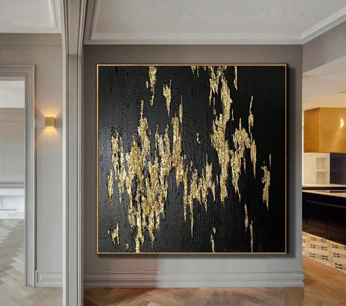 Extra Large Black Gold Painting Original Canvas Art Very Black Painting ...