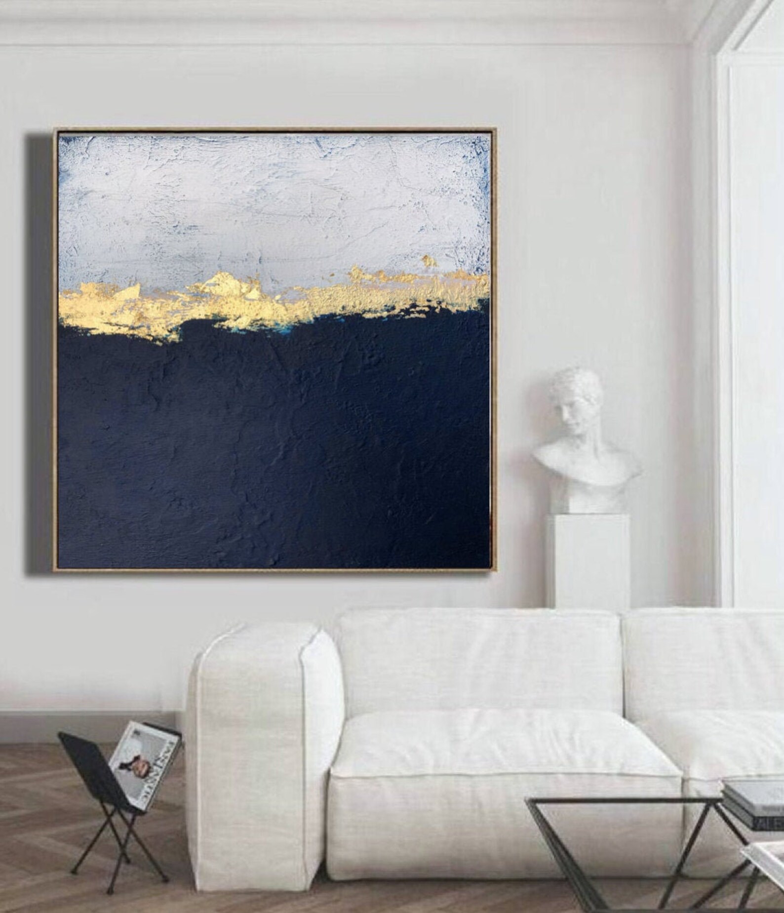 Large Blue Gold Canvas Abstract Original Hand Painted Wall Art - Etsy