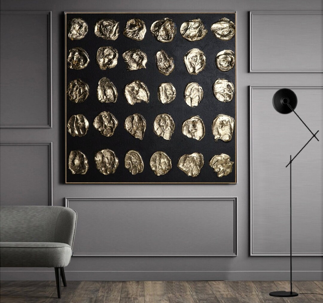 Large Gold Leaf Original Painting on Canvas Black and Gold Textured Art ...
