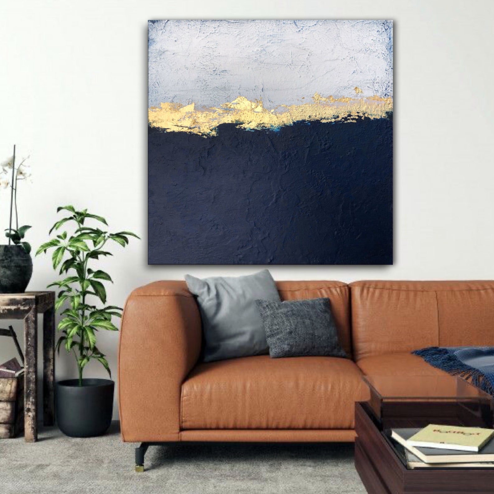 Large Blue Gold Canvas Abstract Original Hand Painted Wall Art - Etsy