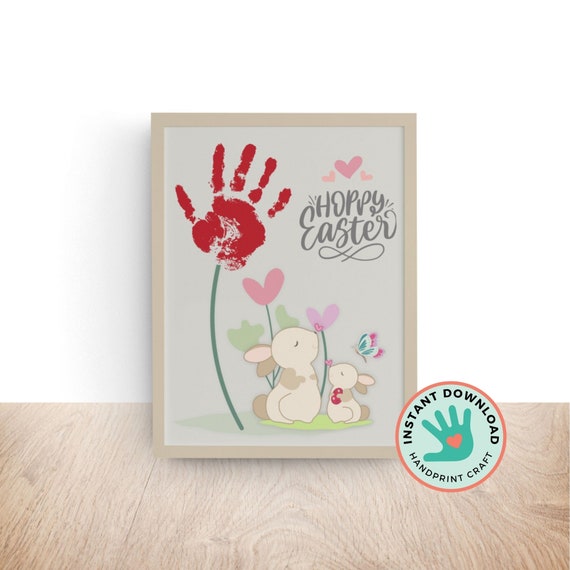 Easter Bunny With Flowers Handprint Art Craft Personalized | Etsy