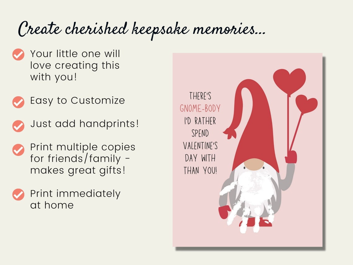 Valentine Gnome Handprint Art Craft DIY Valentine Crafts for | Etsy