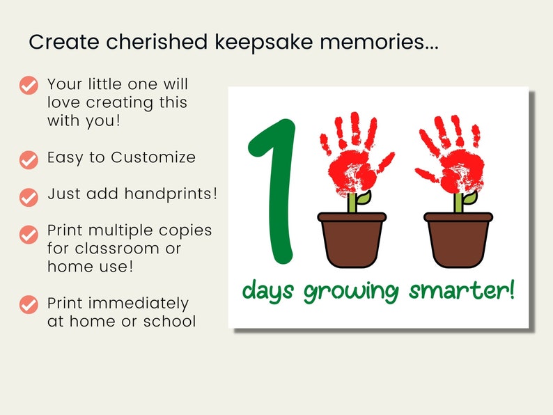 100 Days of School Handprint Art Craft for Kids | 100 Days Growing ...