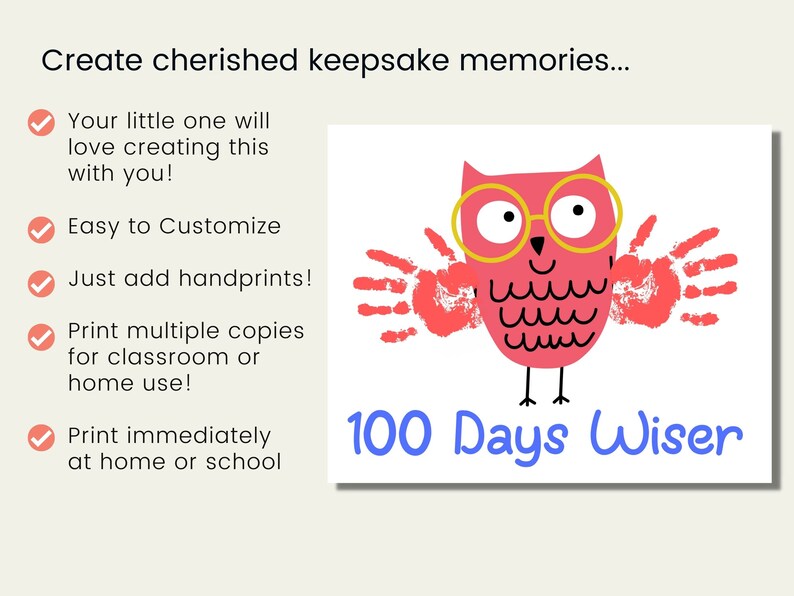 100 Days of School Handprint Art Craft for Kids | 100 Days Wiser Owl ...
