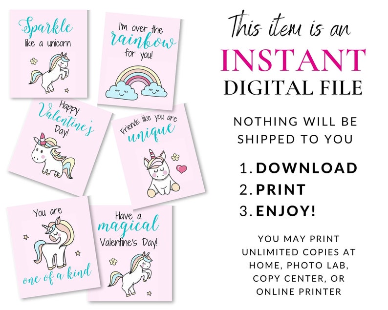 Unicorn Valentines Cards INSTANT DOWNLOAD. Kids - Etsy