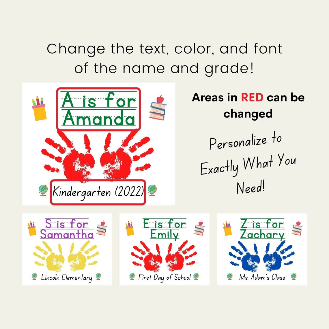 EDITABLE Personalized Name Handprint Art Back to School - Etsy