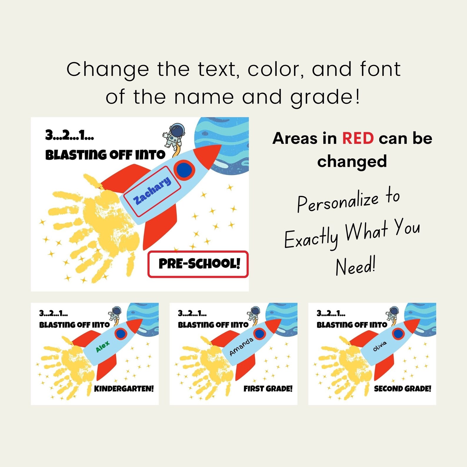 EDITABLE Blast off Into Kindergarten Rocket Personalized Handprint Art ...