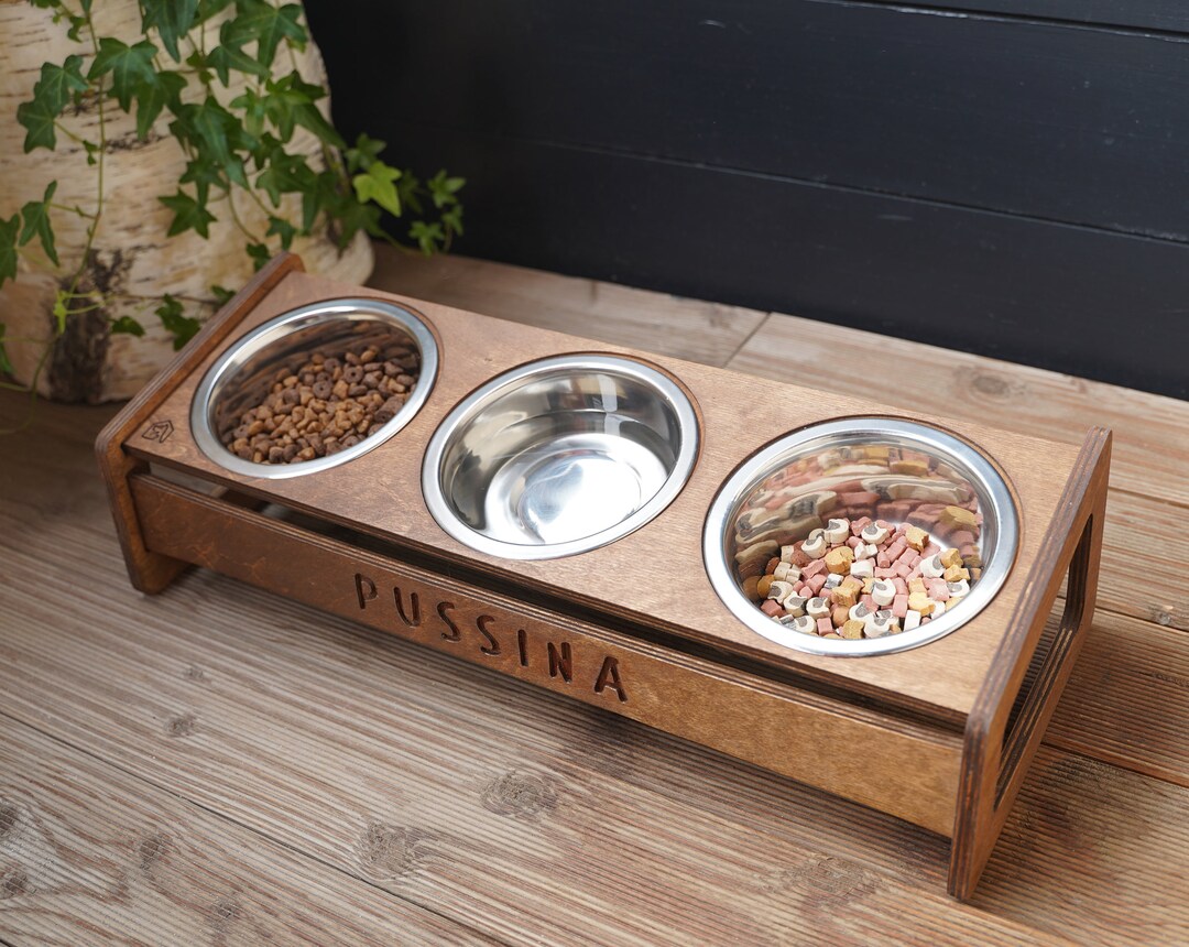 Raised Cat or Small Dog Bowls Stand, Elevated Feeding Station, Carved ...