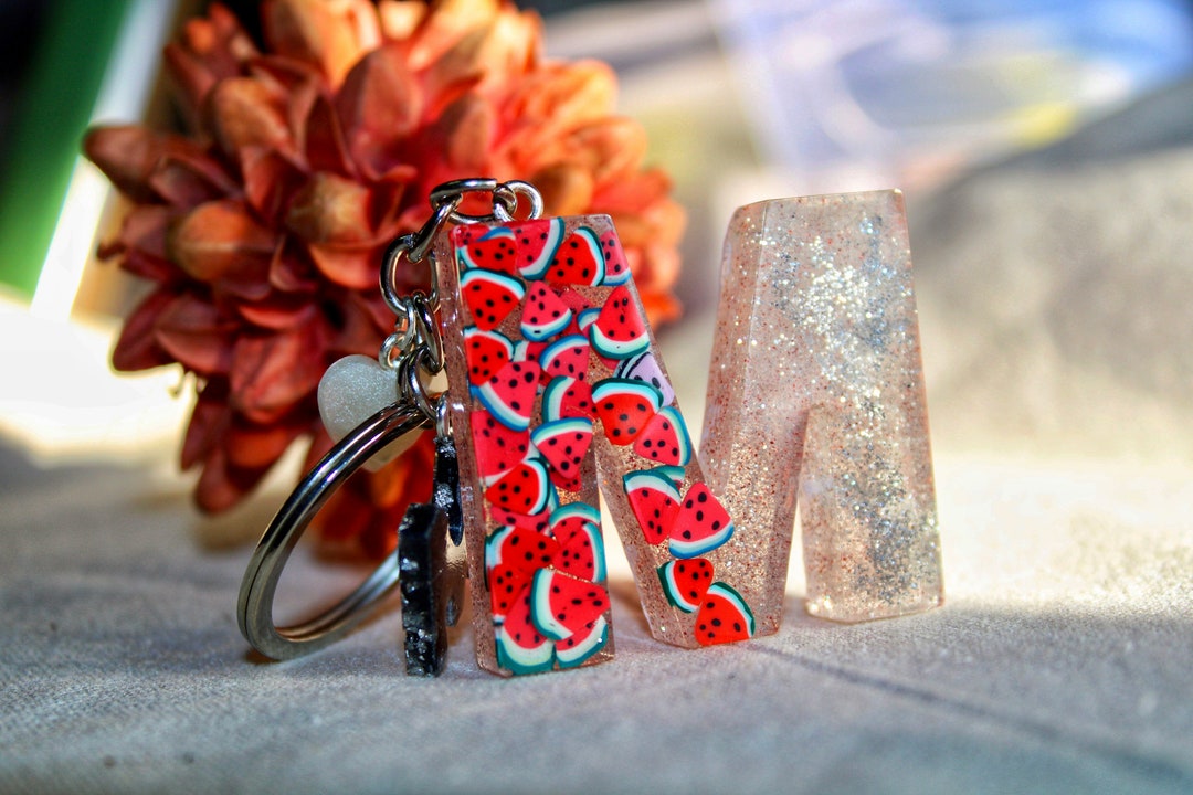 Letter M Keychain With Watermelon Pattern and Silver Glitter, Letter ...