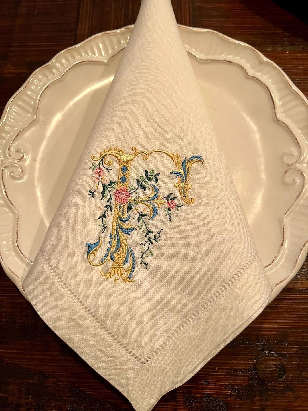 Embroidered Linen Dinner Napkins, Diamond Floral Monogram Napkins ...