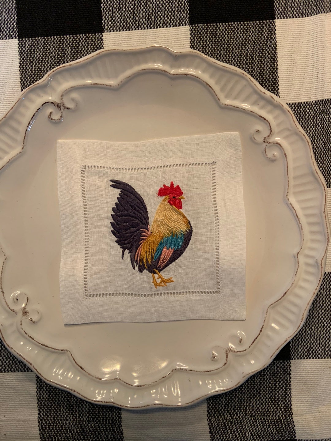 Embroidered Linen Cocktail Napkins, Rooster Cocktail Napkins, Coasters ...