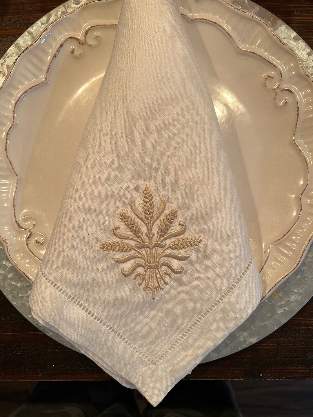 Embroidered Linen Napkin Set, Spikelets, Wheat, Farmhouse Style Napkins ...