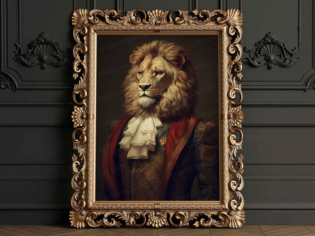 Lion Vintage Renaissance Animal Portrait Oil Painting, Quirky Animal ...
