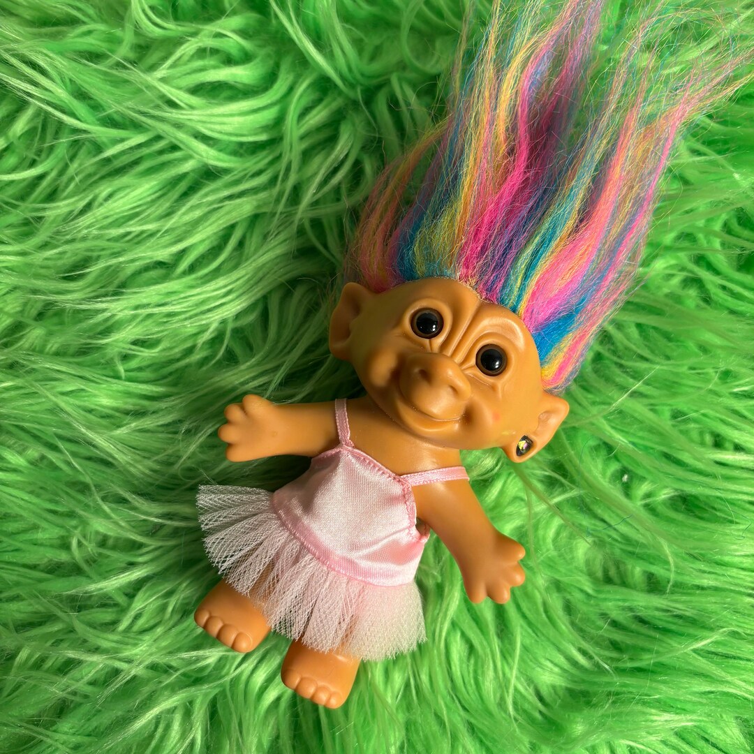 Vintage Nostalgic Rainbow Hair Pink Tutu Gem Earring Troll Doll Bright ...