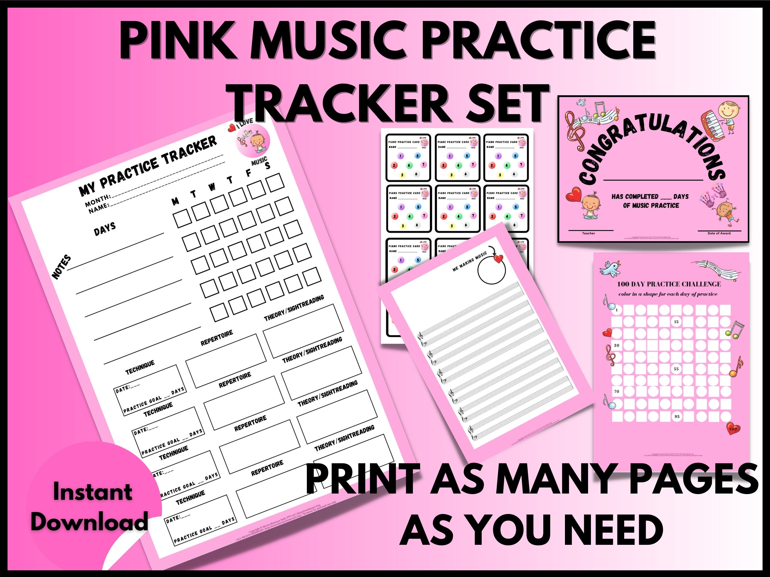 Pink Music Practice Tracker Set Music Student Starter Set Piano ...