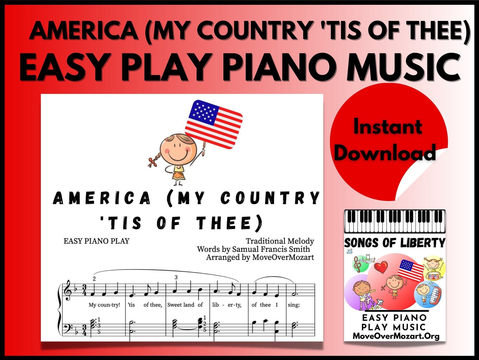 America my Country 'tis of Thee Piano Sheet Music Instant DIGITAL MUSIC ...