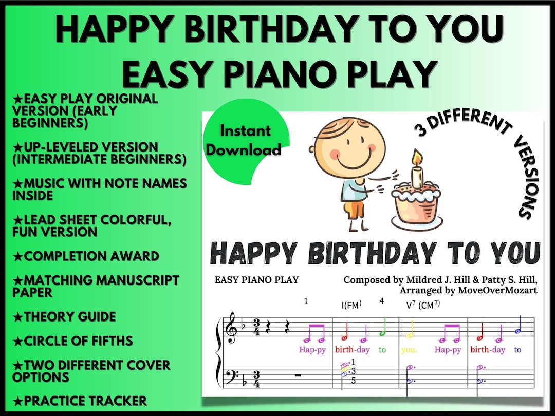 Happy Birthday to You Piano Sheet Music Instant DIGITAL MUSIC DOWNLOAD ...
