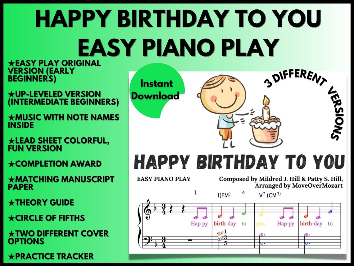 Happy Birthday to You Piano Sheet Music Instant DIGITAL MUSIC DOWNLOAD ...