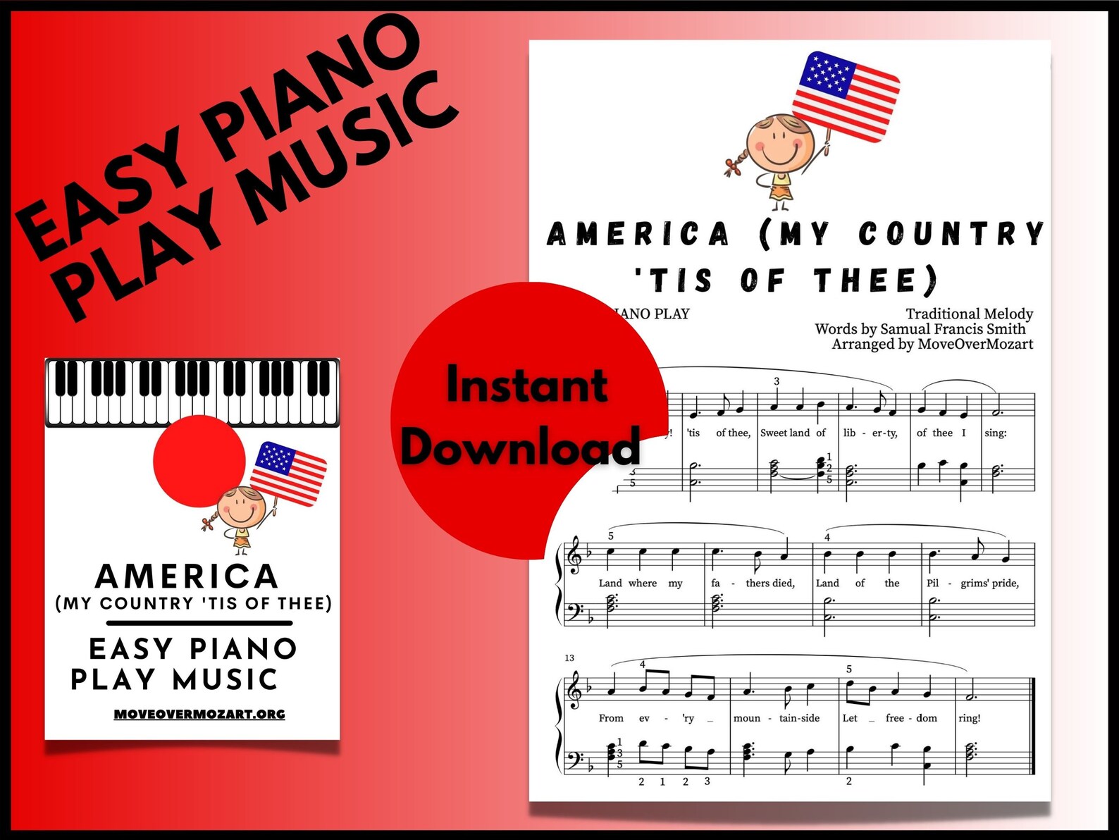 America my Country 'tis of Thee Piano Sheet Music Instant DIGITAL MUSIC ...