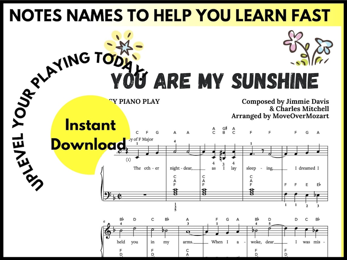You Are My Sunshine Piano Sheet Music Instant DIGITAL MUSIC DOWNLOAD ...