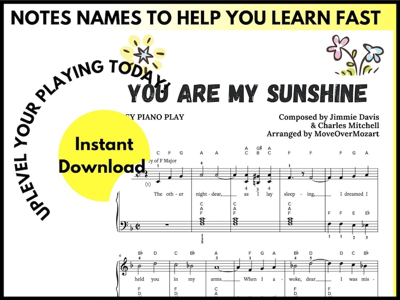 You Are My Sunshine Piano Sheet Music Instant DIGITAL MUSIC DOWNLOAD ...
