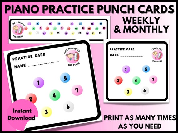 Pink Childrens Piano Practice Punch Card Music Lesson | Etsy