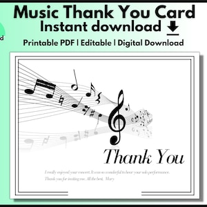Small Music Thank You Card Thank You Music Teacher Customizable Card ...