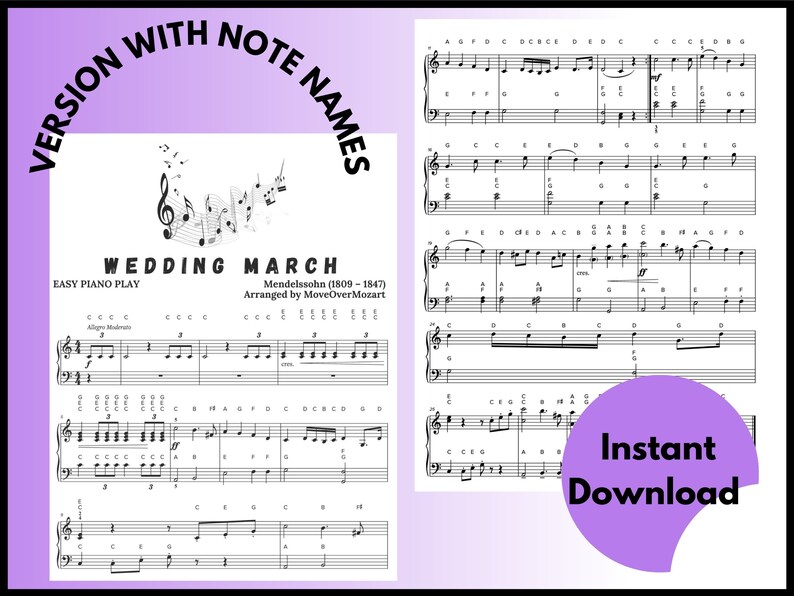Piano Music Sheets Wedding March Instant DIGITAL MUSIC DOWNLOAD ...