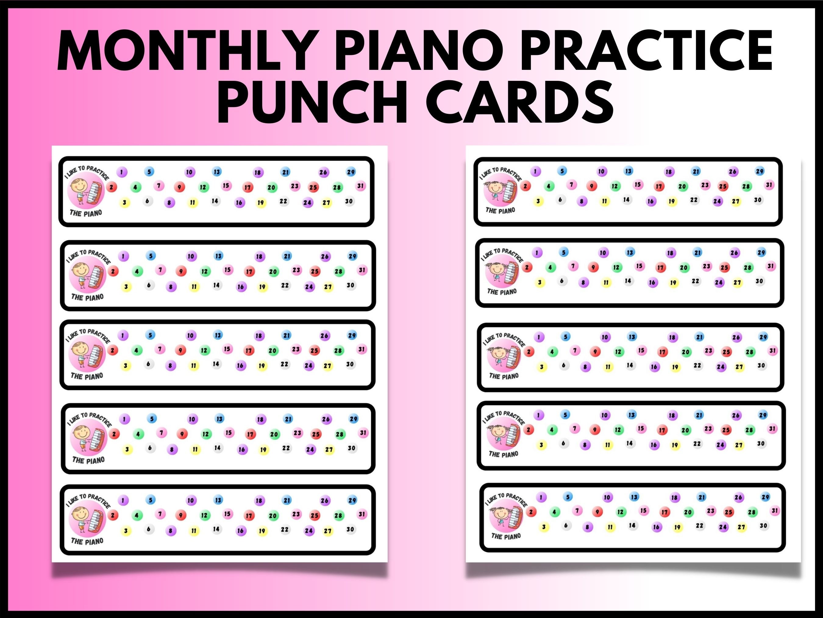 Scheda perforata per esercizi di pianoforte rosa per bambini / Premi ...