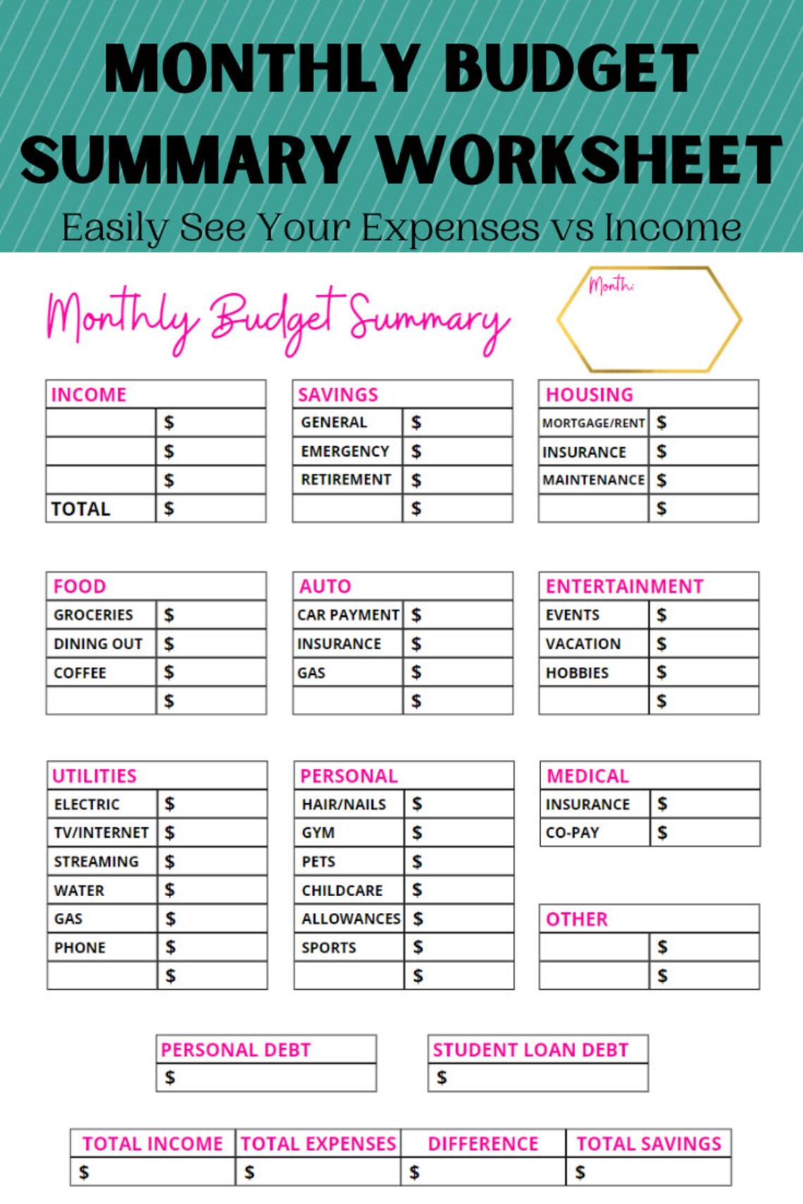 Monthly Budget Printable Worksheet Monthly Income Vs Expense Etsy Monthly Budget Printable Worksheet Monthly Income Vs Expense Etsy