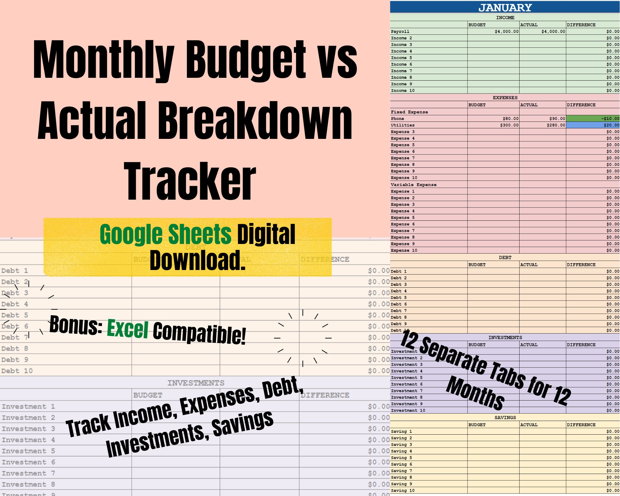 Simple 12 Month Budget Vs Actual Breakdown Tracker (12 Separate Tabs ...