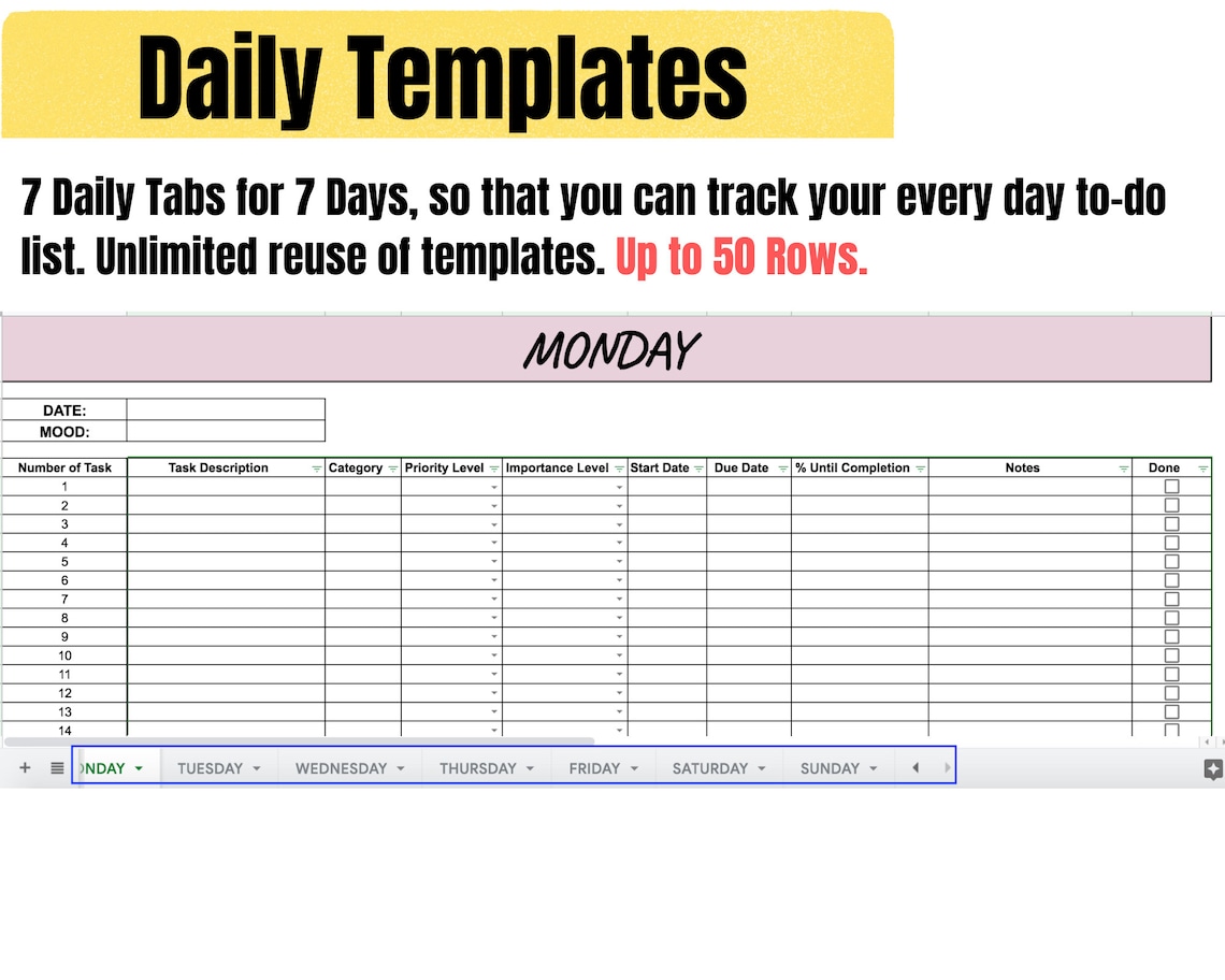 Tasks Tracker to Do List Template Planner Spreadsheet - Etsy