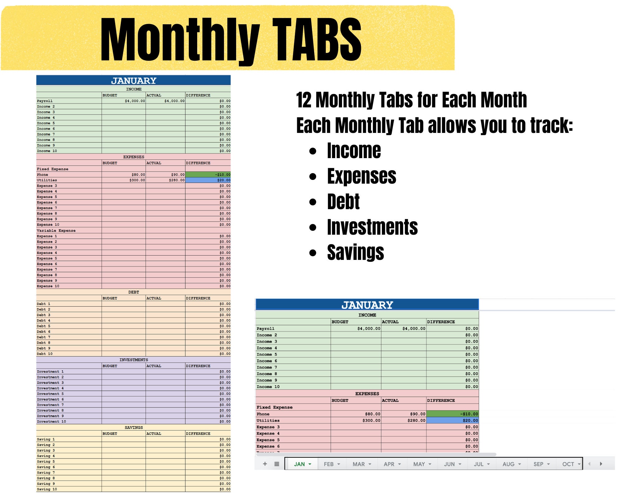 Simple 12 Month Budget Vs Actual Breakdown Tracker 12 Separate Tabs for ...