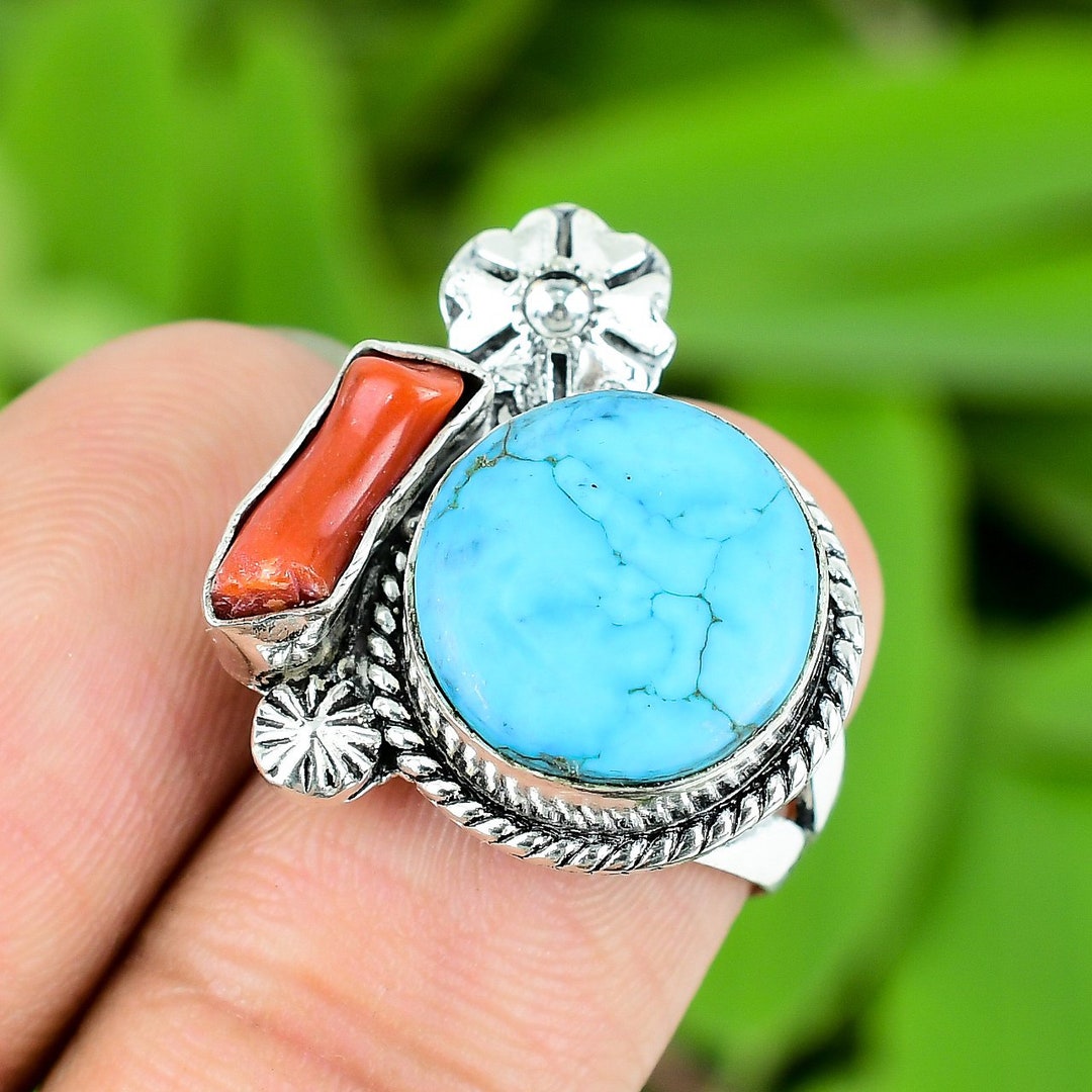 Turquoise & Coral Ring Double Stone Turquoise Red Coral Ring, Vintage ...