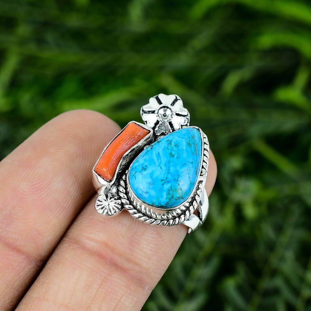 Turquoise Coral Ring, Natural Cluster Turquoise & Red Coral Gemstone ...