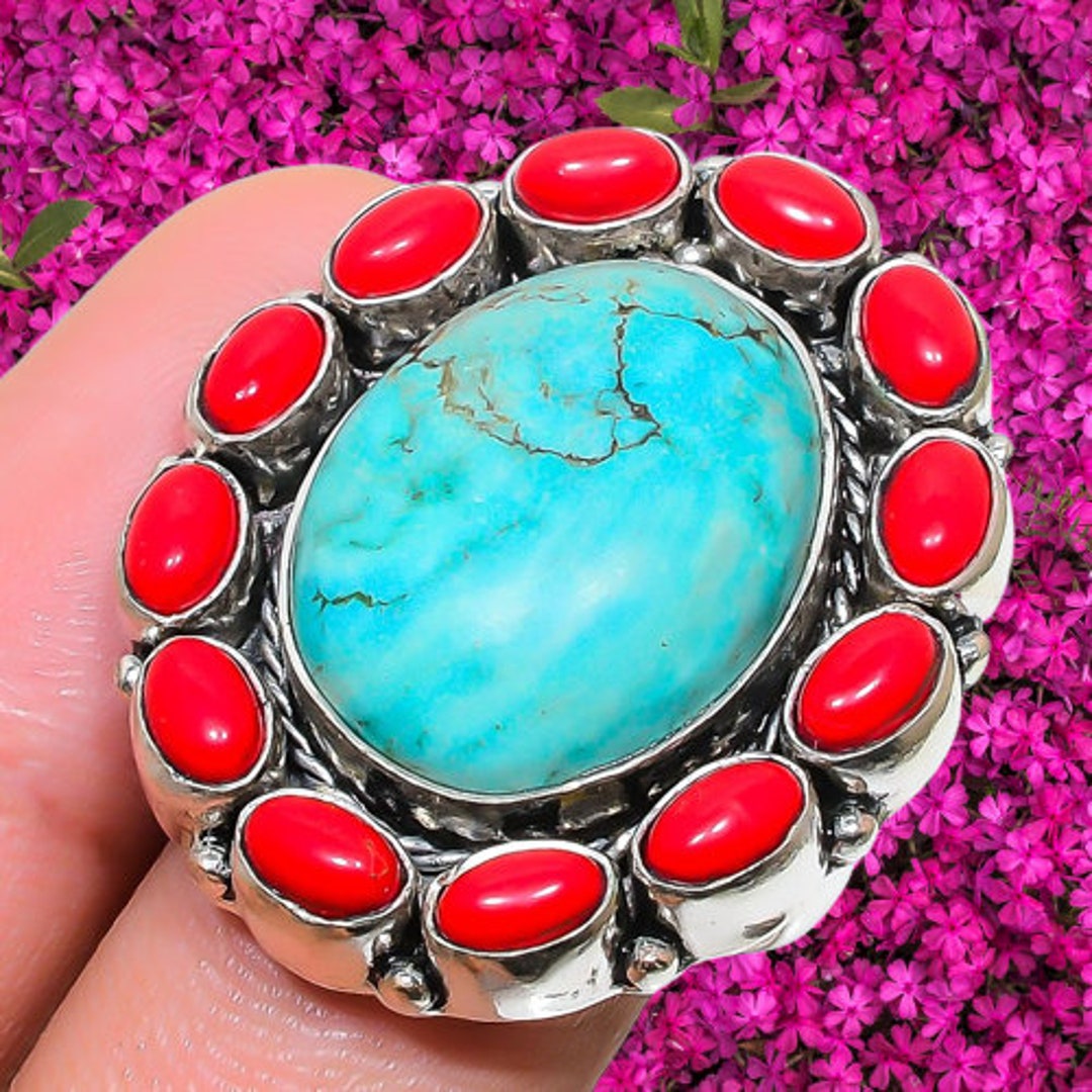 Multistone Oval Nepali Ring, Tibetan Coral Ring, Tablet Ring, Signet ...