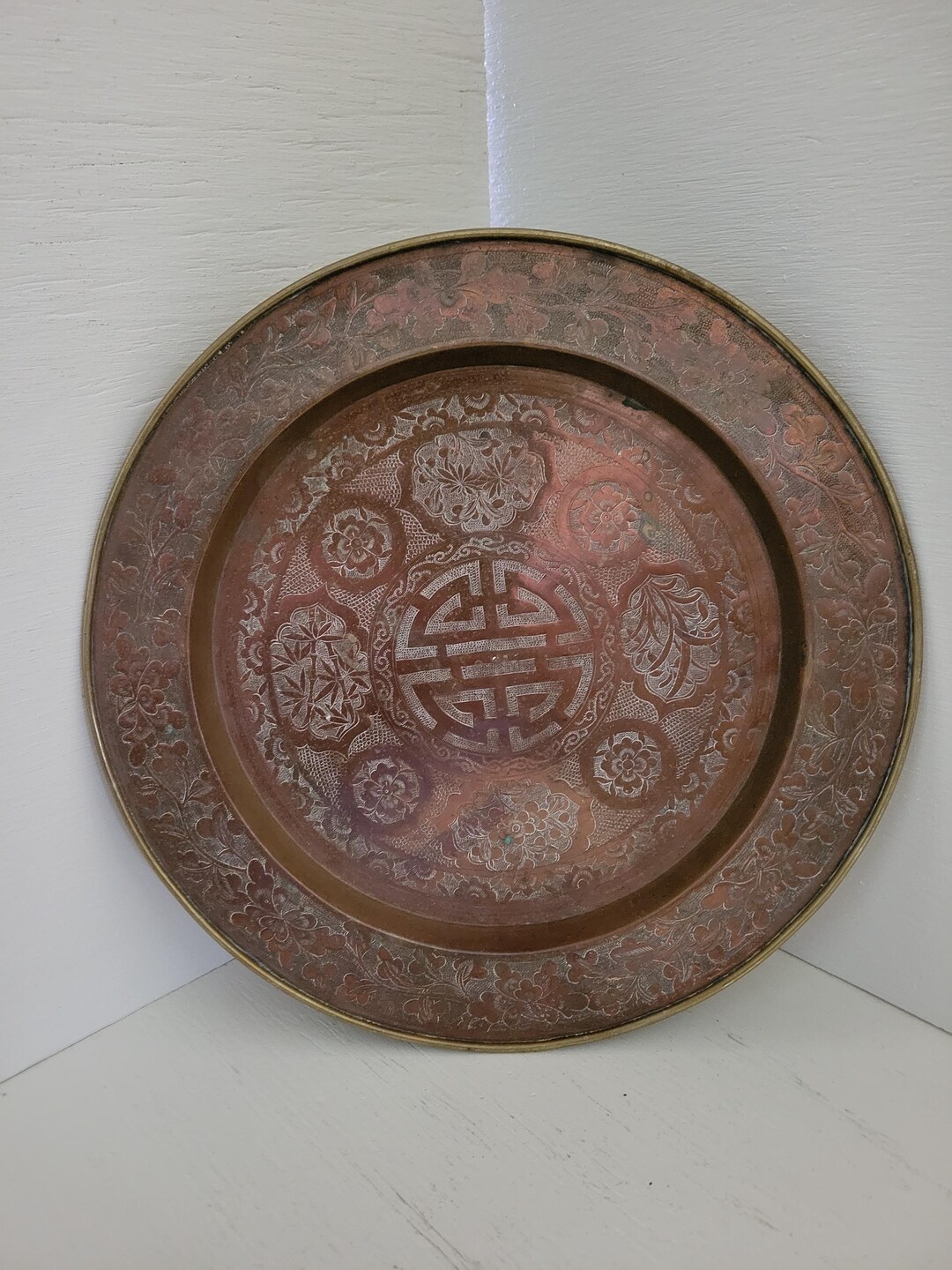 Vintage / Antique Chinese Copper Tray Art Deco Etched Floral Design - Etsy
