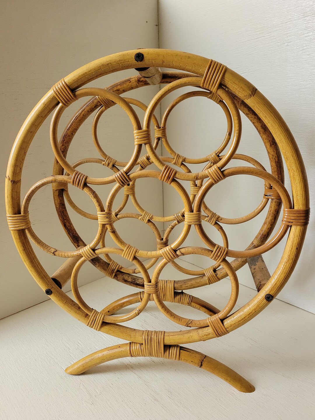 Vintage Tortoise Shell Burnt Bamboo Wine Rack Bottle Holder Stand Round ...