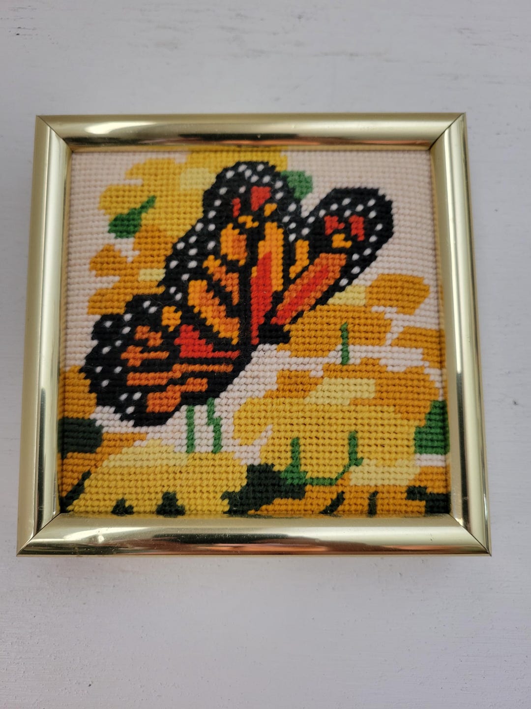 Vintage Needlepoint Butterfly and Flowers Gold Frame MCM - Etsy