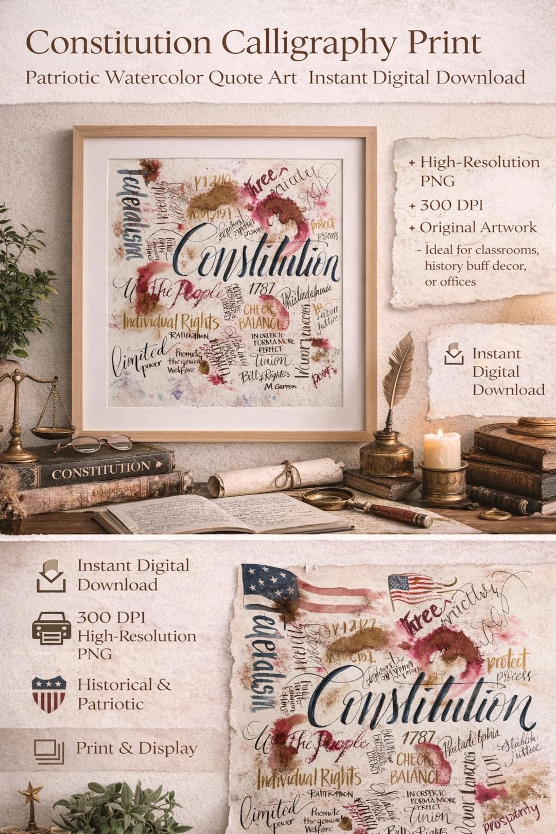 Constitution Calligraphy Wall Art | U.S. Constitution Watercolor Print ...