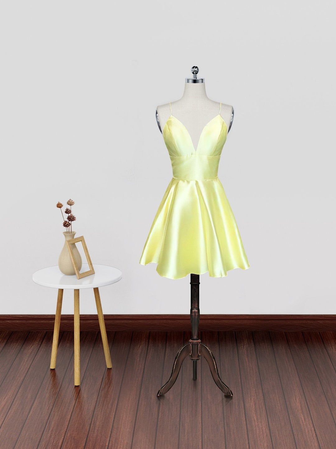 A Line V Neck Short Yellow Prom Dresses, V Neck Short Yellow Formal ...