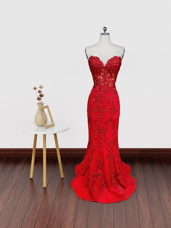 Sweetheart Neck Red Lace Mermaid Long Prom Dresses Red Lace Etsy