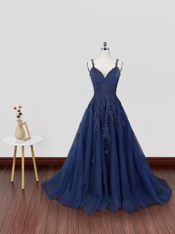 A Line V Neck Dark Navy Blue Lace Prom Dresses Dark Navy Blue Etsy