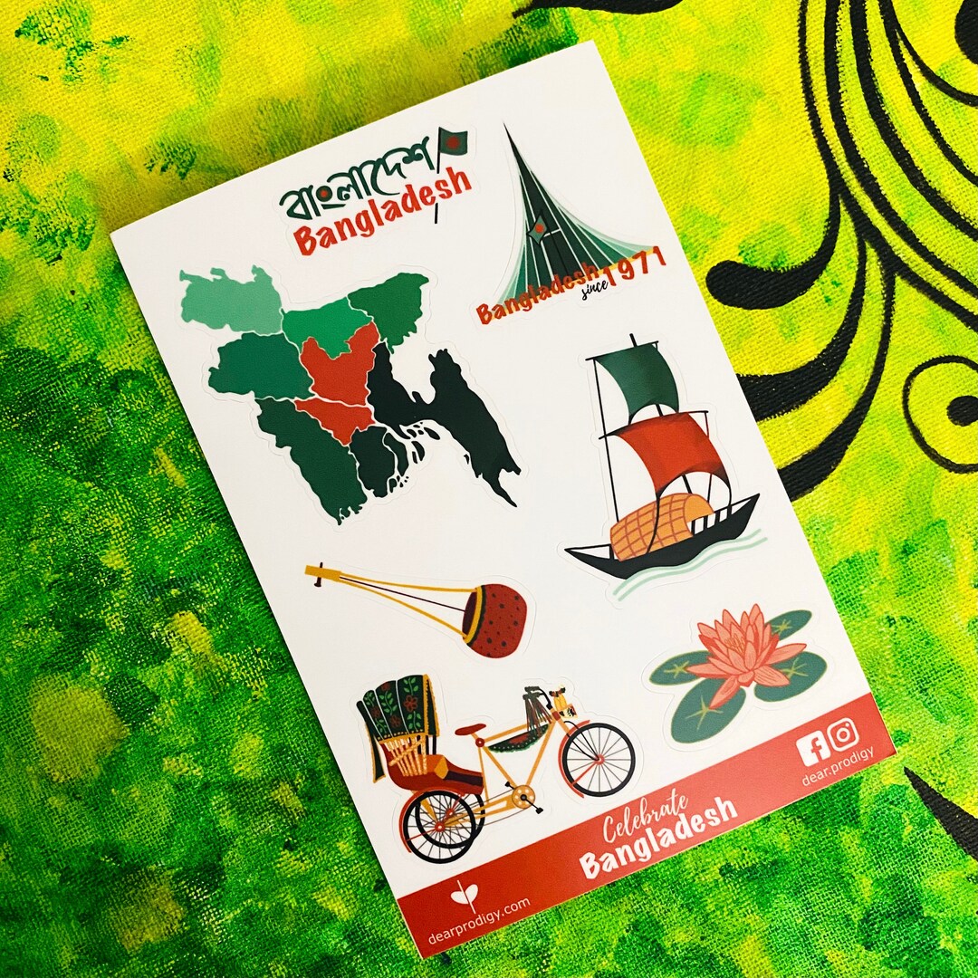 Beautiful Bangladesh Theme Stickers | Map, Rickshaw, Boat, Lily, Ektara ...